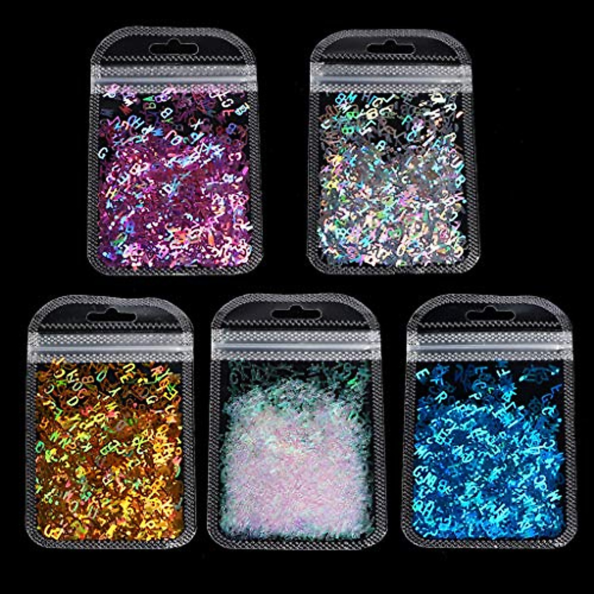 zuarfy 5 Colors Alphabet Holographic Laser- Letters Chunky Glitter Epoxy Resin Festival Chunky Letters Mixed Sequins 2g Per
