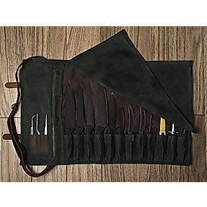 Asaya Waxed Canvas Knife Roll - 15 Knife Slots, Card Holder and Large Zippered Pocket - Genuine Leather, Cloth and Brass Buckles - for Chefs and Culinary Students - Knives Not Included