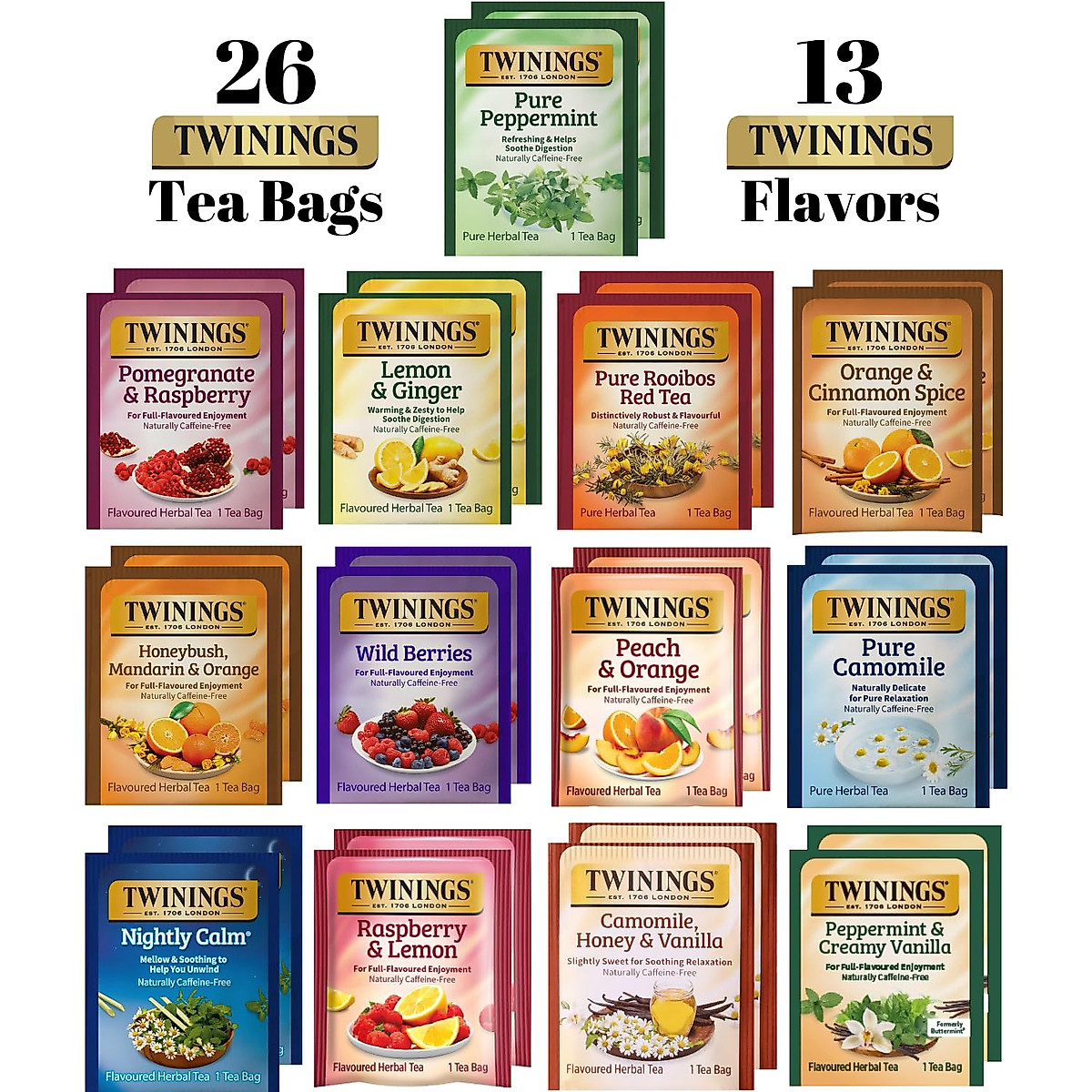 Twinings Herbal Tea Variety Pack - Decaf Tea Sampler - 26 Individually Wrapped Herbal Tea Bags, Pure Peppermint, Camomile, Rooibos Red, Honeybush Mandarin Orange, Plus 9 More Flavors