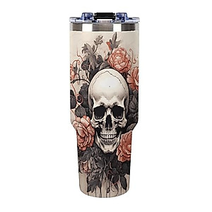 LLUTSNTH 40 Oz Vacuum Tumbler with Black Handle Leakproof Insulated Tumbler Ancient Skull And Flowers Stainless Steel Travel Mug with Lid And Straw Coffee Cup Cute Water Bottles Cup Holder Friendly