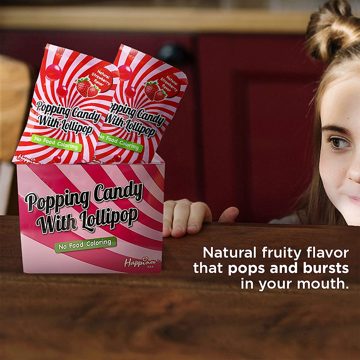 Happiness USA 50 PCS Popping Candy with Fun Dip Lollipop - All Natural No Artificial Colors or Flavors Pop Rocks Candy | Individually Wrapped Kosher Pareve Candy Pop | Non Dairy Pop Rocks Strawberry