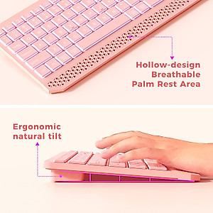 Backlit Bluetooth Keyboard for Mac/ Windows, Multi Device Ergonomic Wireless Rechargeable Mac Keyboard with 7-Colors Lights Compatible with Windows, Mac OS, Android, MacBook Air/Pro, Tablet-Pink