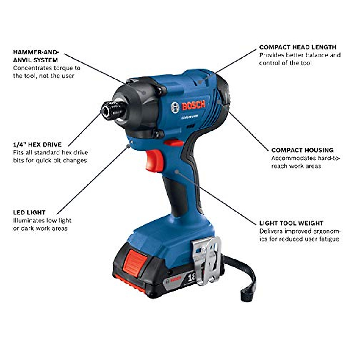 BOSCH GDR18V-1400B12 18V 1/4 In. Hex Impact Driver Kit with 2.0Ah Battery
