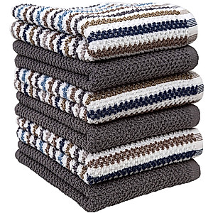 Premium Kitchen Towels (16”x 26”, 6 Pack) | Large Cotton Kitchen Hand Towels | Popcorn Striped Design | Dish Towels | 430 GSM Highly Absorbent Tea Towels Set with Hanging Loop | Gray
