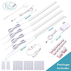 JUSJUBR 4-Pack Cold White Display Shelf Lights, Under Shelf Lighting with Memory Function, 12 Inch 6000K Plug-in Bookshelf Lighting, LED Cabinet Lights for Display Case/Pantry/Closet/Safe