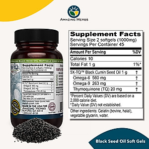 Amazing Herbs Premium Black Seed Oil Capsules - Cold Pressed Nigella Sativa Aids in Digestive Health, Immune Support, Brain Function, Gluten Free, Non GMO - 90 Count, 500mg