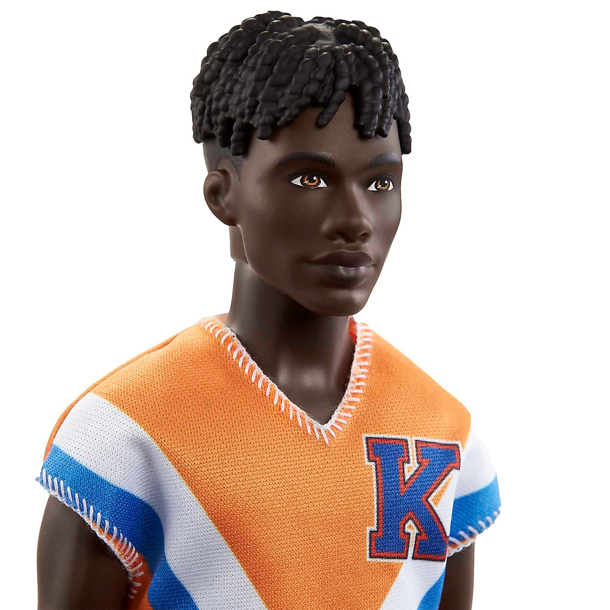 Barbie Fashionistas Ken Fashion Doll #203 with Twisted Black Hair Wearing Orange Athletic Jersey, Shorts & White Sneakers