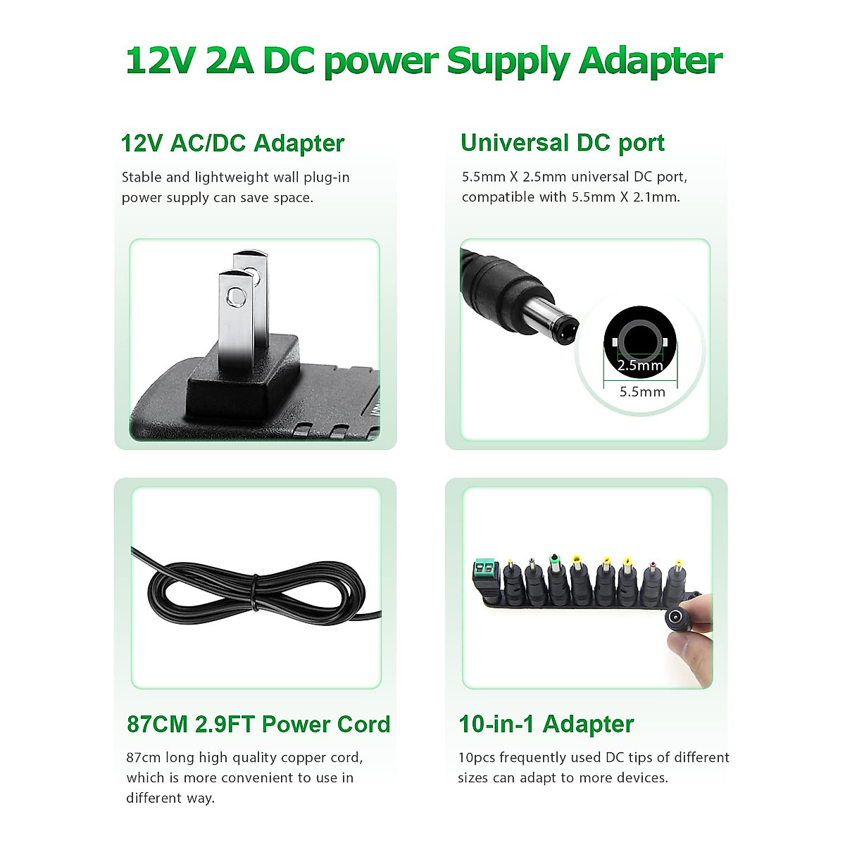 Arkare 12V Power Supply 2A AC/DC Adapter 12Volt Wall Charger Replacement Power Cord AC 100V-240V to DC 12Volt 2A 1.5A 1A Converter for Security Camera BT Speaker GPS Webcam Router Scanner with 10TIPS