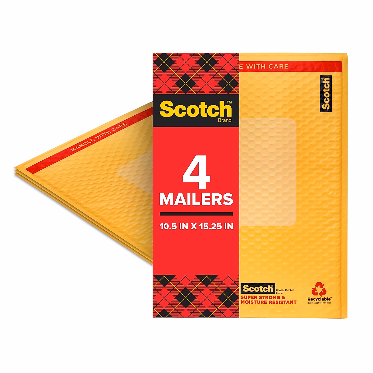 Scotch Plastic Bubble Mailer, 10.5 in x 15.25 in, Size #5, Yellow, 4/Pack (8915-4)