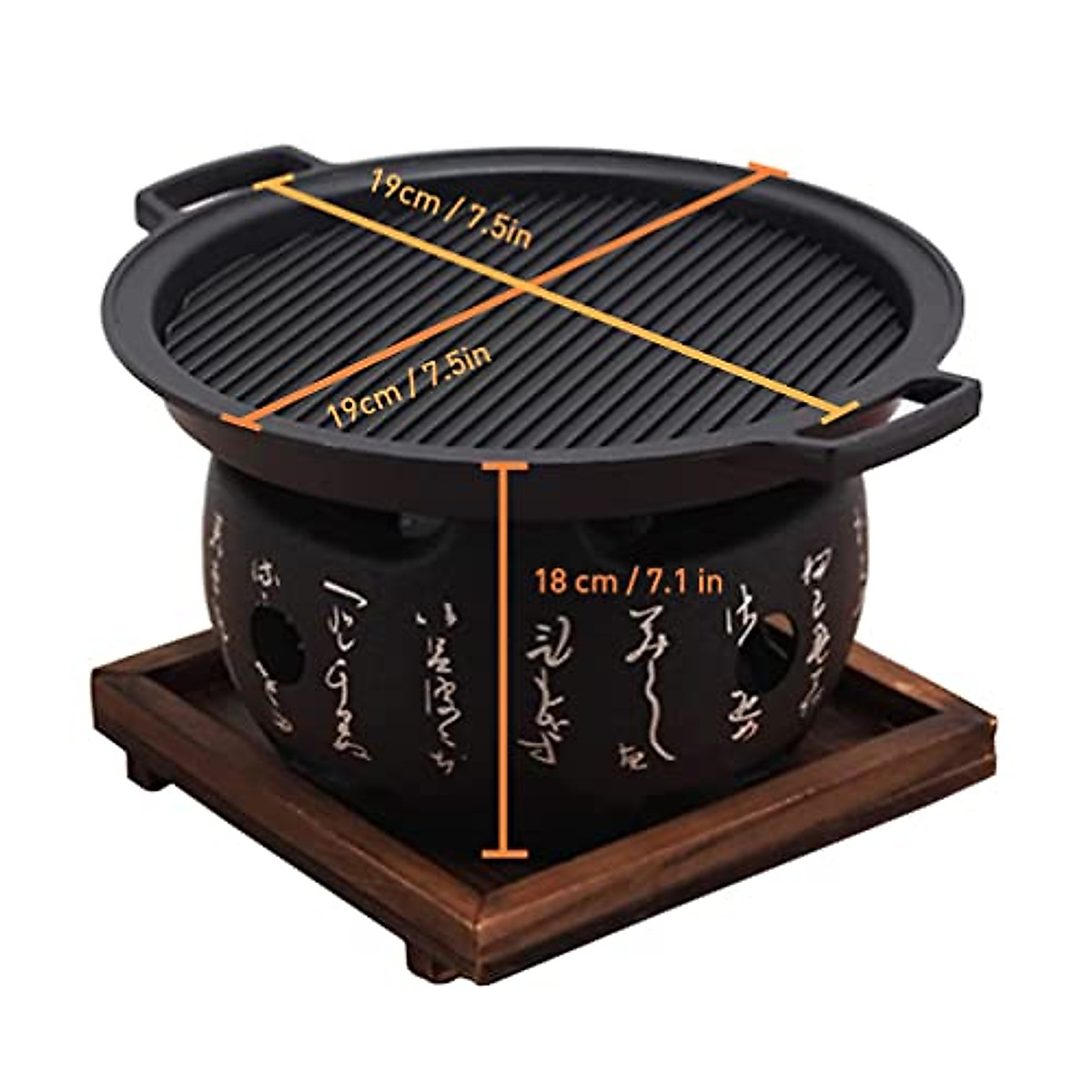 Buachois Round Carbon Barbecue,Charcoal Table Grill,Japanese Style BBQ Grill,Japanese Non-electric Griddles, Mini Square Grill with Wooden Base for Picnic Garden Camping 19x19x18 cm / 7.5x7.5x7.1 in