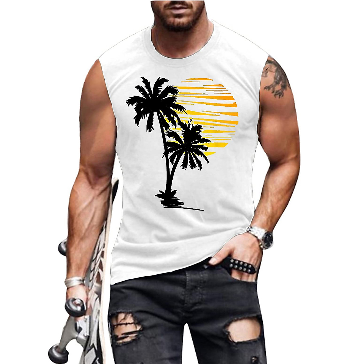 Beach Tank Top Men Hawaiian Palm Tree Sleeveless Shirt White 2XLarge