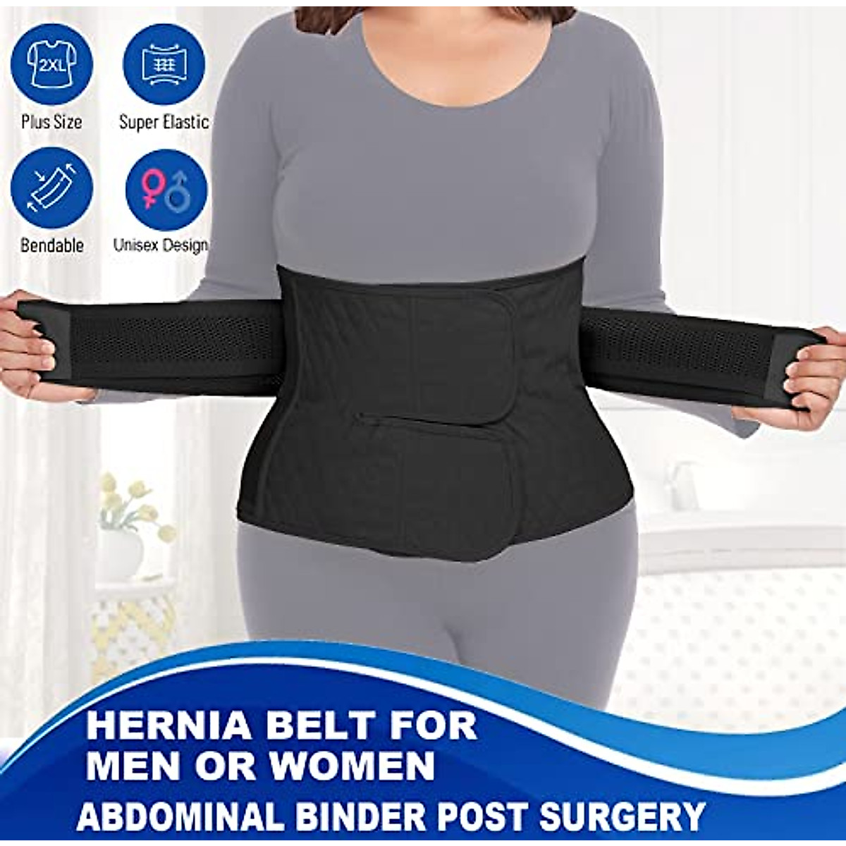 Abdominal Binder Post Surgery for Men and Women, Postpartum Belly Band, Hernia Belt Stomach Compression Wrap for Hernia Surgery, C-Section, Natural Birth, Abdominal Injuries,Black,L
