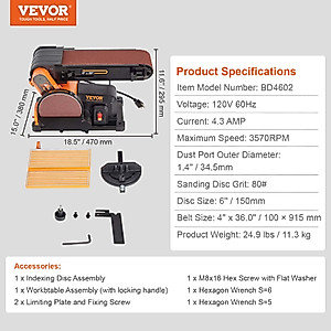 VEVOR Belt Sander, 6in. Disc Sander and 4x36 in. Belt Sander Combo with 4.3A Induction Motor, Powerful Woodworking Sander with Bench Mount and Cast Aluminum Work Table