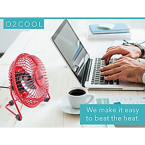 O2COOL 4" USB Personal Desk Fan – Portable Mini Table Cooling Fan - Plugs into Computer - Adjustable 360° Tilt, Quiet, Rubber Grip Feet - Red