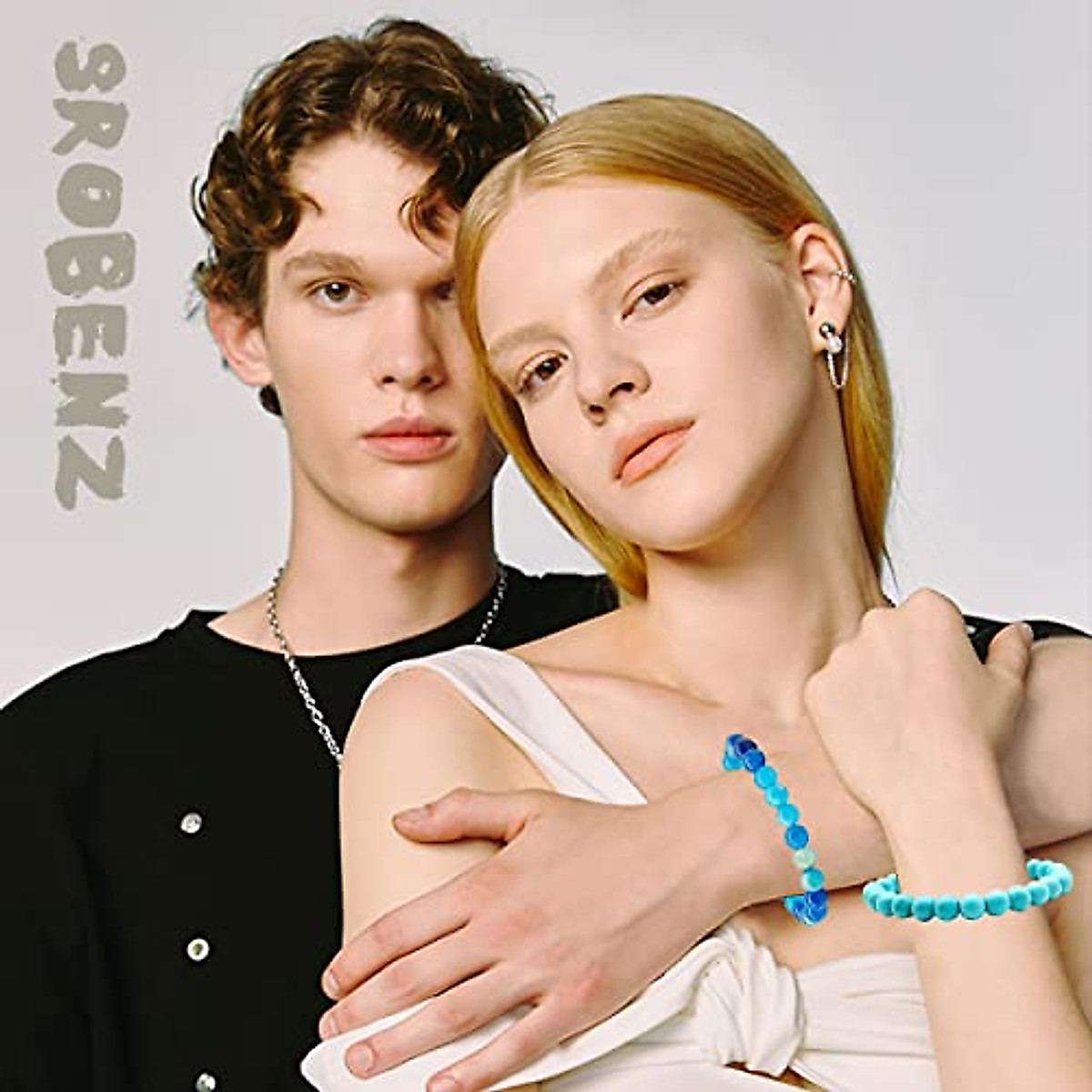 SROBENZ 12 PCS Gemstone 8mm Round Beaded Bracelet Set Healing Crystal Stone Stretch Bracelets for Women Girl Men Round Beads Elastic Bracelets