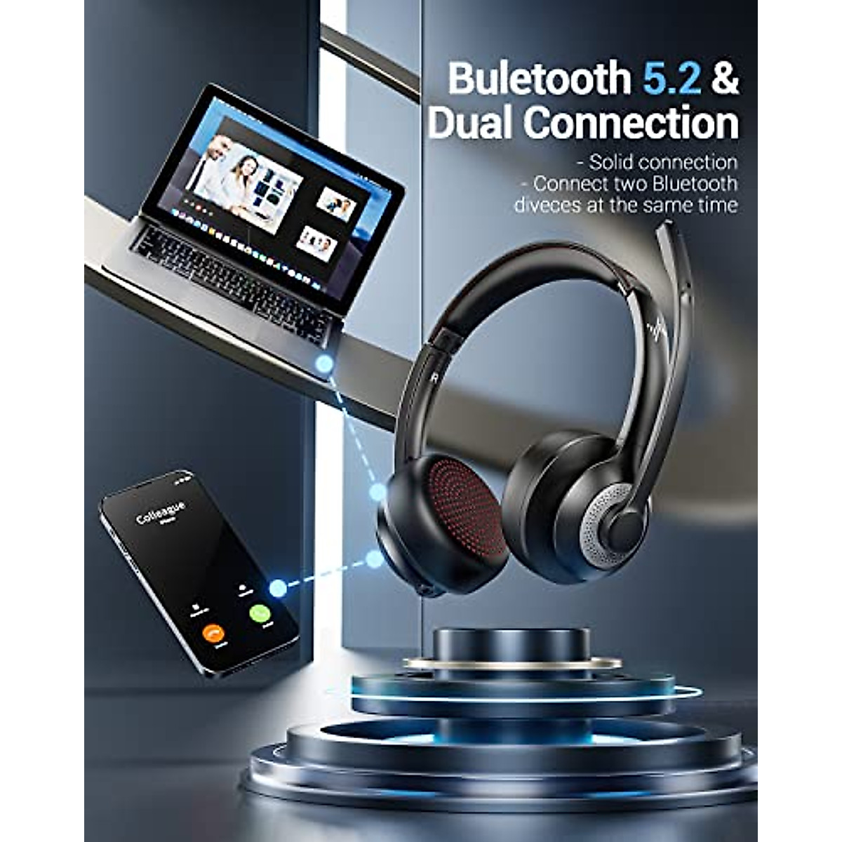 JIAMQISHI Bluetooth Headset with Microphone Wireless Headphones - Bluetooth V5.2 Headphone with ENC Noise Cancelling Microphone for Computer/Laptop/PC/Cell Phone/Zoom/MsTeams/Skype - Wireless Headset