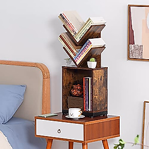 ruboka 2-Shelf Tree Bookshelf with Storage, 26.5-Inch Retro Floor Standing Bookcase Display for CDs/Magazine/Books, Small Bookshelf for Bedroom, Living Room, Office, Brown Storage Shelves DESK51B