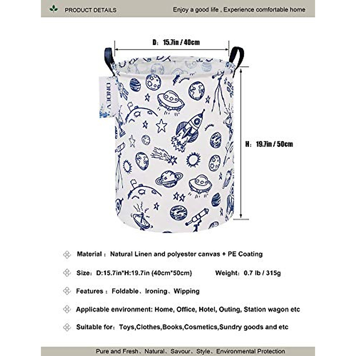 ONOEV Round waterproof laundry basket、foldable storage basket、laundry Hampers with handle、gift basket,suitable for children's room and toy storage (Blue Planet)