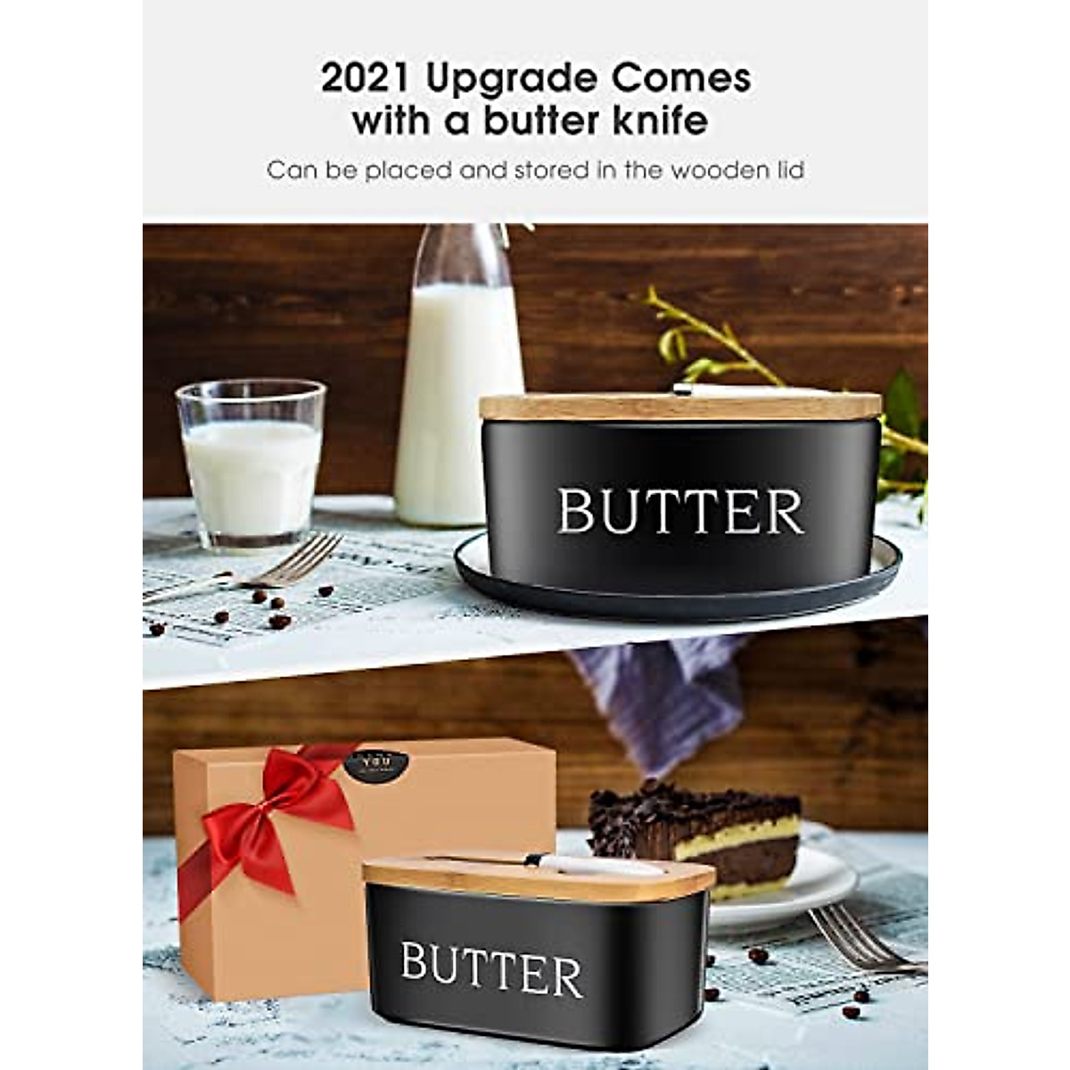 AISBUGUR Large Butter Dish with Lid Ceramics Butter Keeper Container with Knife and High- quality Silicone Sealing Butter Dishes with Covers Good Kitchen Gift Black