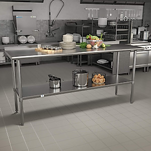 Flash Furniture Reader Stainless Steel Kitchen Prep/Work Table, Commercial Work Table with Backsplash and Undershelf, 72" W x 30" D x 36" H, Silver