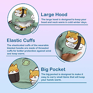 Sleepwish Sushi Shiba Fashion Hoodies & Sweatshirts Cute Kawaii Dog Kids Wearable Blanket Pet Animal Hooded Blanket Sweatshirt for Girls Boys Women (Adults 63" x 39")