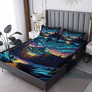 Mountain Sheets Full Size, Nature Bed Sheets, Patterned Bedding Sheets & Pillowcases 4 Piece Set - Soft Microfiber Deep Pocket Fitted Sheet & Flat Sheet & 2 Pillow Cases A3-&-32