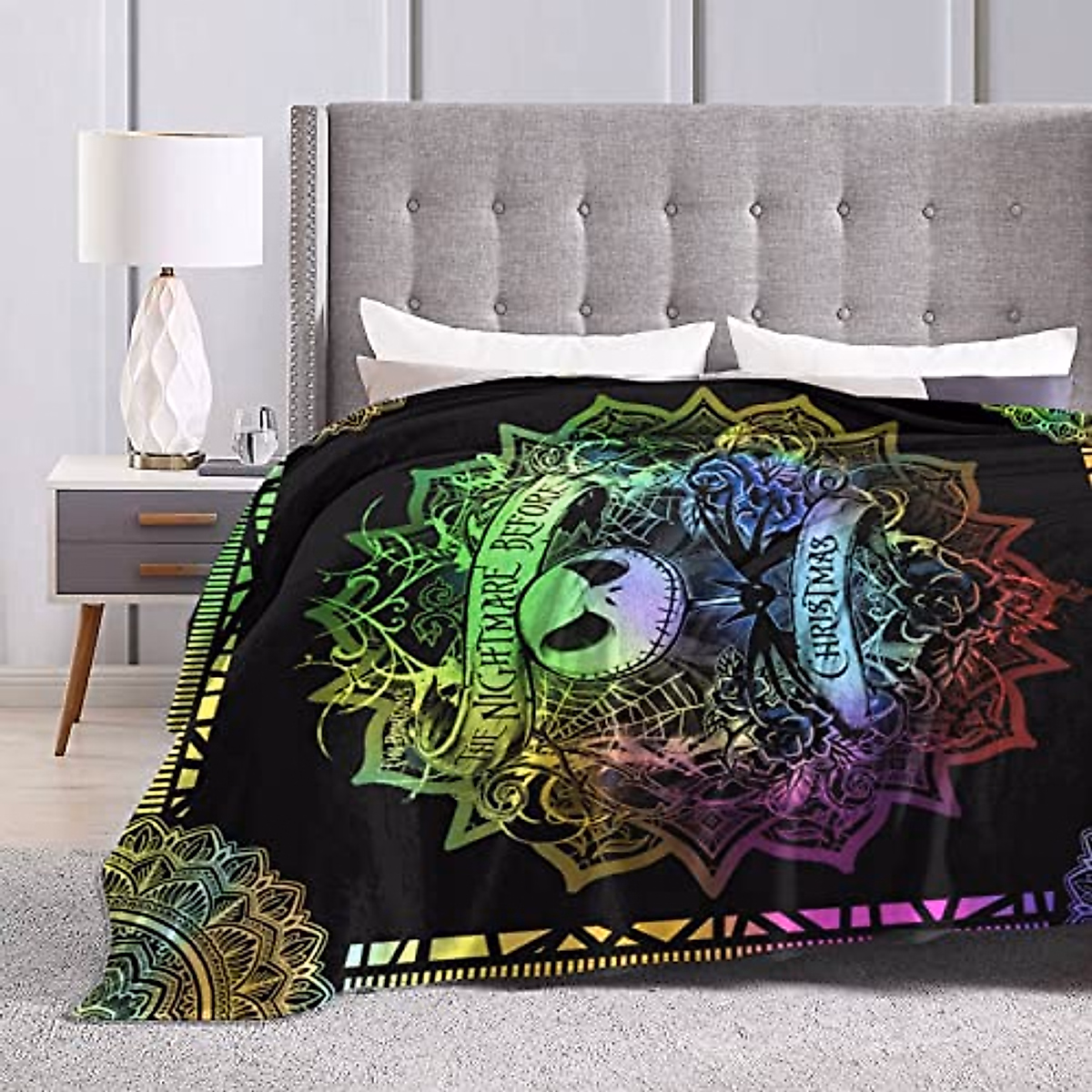 DVesaldez Flannel Fleece Cute Throw Blanket, The Nightmare Blanket Before Cartoon Christmas Throw for Winter Chair Super Cozy and Warm Air Conditioning Blanket-50 x40, Black