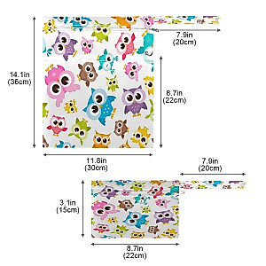 Cute Owl Animal Wet Dry Bags Owl Waterproof Baby Cloth Diaper Bags with Two Zippered Pockets Beach Travel Bag for Swimsuit&Wet Cloth 2pcs