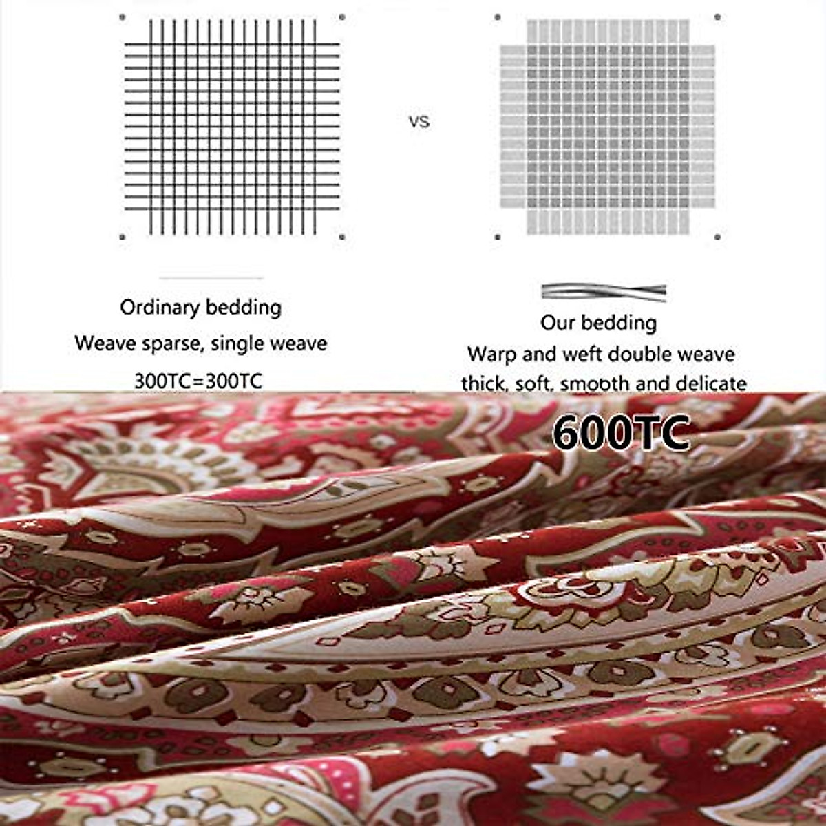 FADFAY Paisley Duvet Cover Set 100% Cotton Ultra Soft Red and Beige Reversible Paisley Bedding Set with Hidden Zipper Closure 3 Pieces, 1Duvet Cover & 2Pillowcases, King/California King Size