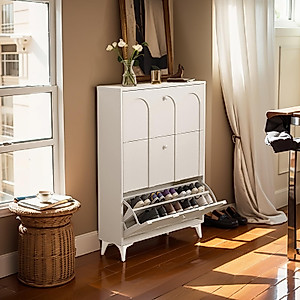 Modern Shoe Cabinet with 3 Flip Drawers,Adjustable Slim Freestanding Narrow Shoe Rack Tipping Bucket Shoe Cabinet with Door Open Shelves for Entryway