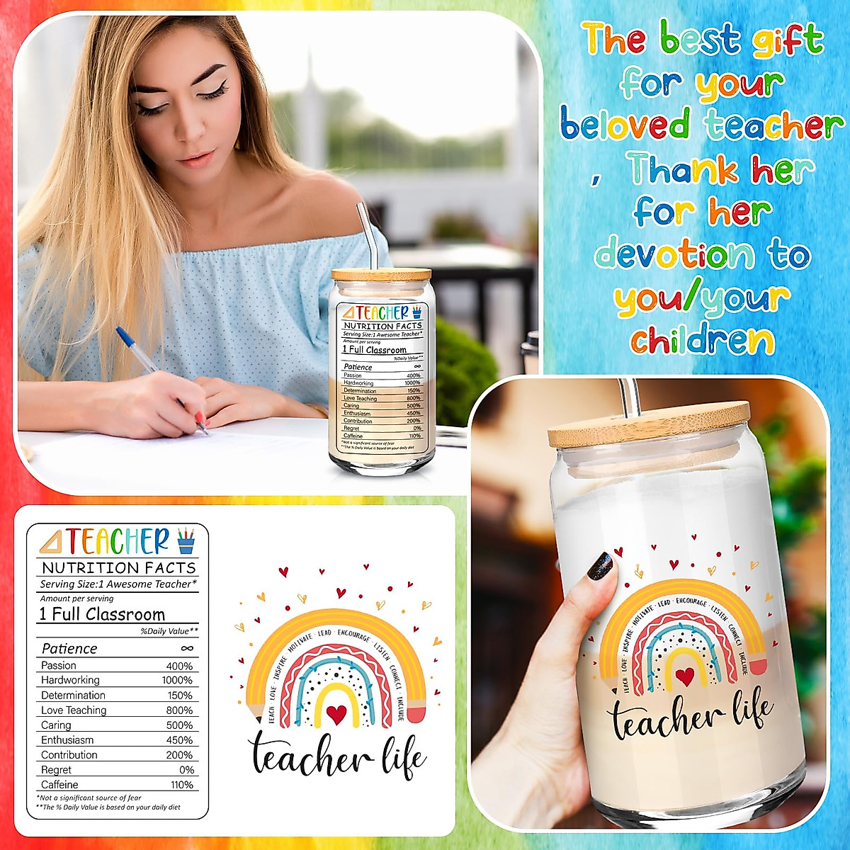 Locmeo Teachers' Day Gifts Bulk Appreciation Gifts for Teacher Include a Tote Bag a Makeup Bag a Piece of Puzzle a Lavender Scented Candle a 16 oz Glass with Lid Straw and Brush