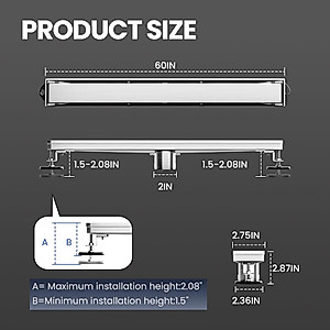 LISEEGO Linear Shower Drain 60 Inch, Shower Drain with 2-in-1 Tile Insert Panel, Brushed AISI 304 Stainless Steel Linear Drain for Fast Drainage, Floor Drain for Bathroom, Kitchen, Garage & More