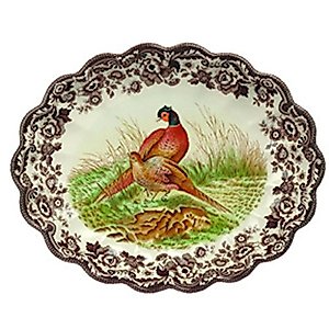 Spode Woodland Oval Fluted Dish with Pheasant Design | 14.5 Inch Large Serving Platter | Serving Tray for Events, Dinner Parties, and Thanksgiving | Microwave and Dishwasher Safe