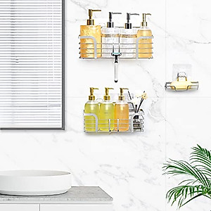 Yougai Shower Caddy Shower Shelf with Soap Dish and 4 Hooks, SUS304 Stainless Steel Shampoo Holder Bathroom Shower Organizer No Drilling Adhesive Wall Mounted Storage Shelves Basket Accessories-3 Pack