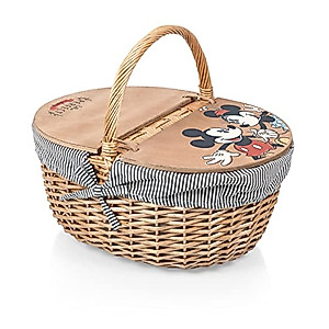 PICNIC TIME - Disney Mickey & Minnie Mouse - Country Vintage Picnic Basket with Lid - Wicker Picnic Basket for 2, (Navy Blue & White Stripe)