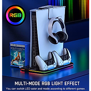 DINOSTRIKE PS5 Cooling Station with RGB Light, PS5 Stand with Cooling Fan for PS5 Disc&Digital Editions Dual Controllers Charger Station, PS5 Accessories for PS5 Console Headset Holder, 6 Game Slots