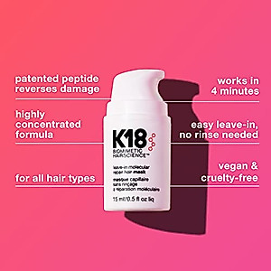 K18 Leave-In Repair Hair Mask Treatment to Repair Dry or Damaged Hair - 4 Minutes to Reverse Hair Damage from Bleach, Color, Chemical Services and Heat, 15 ml