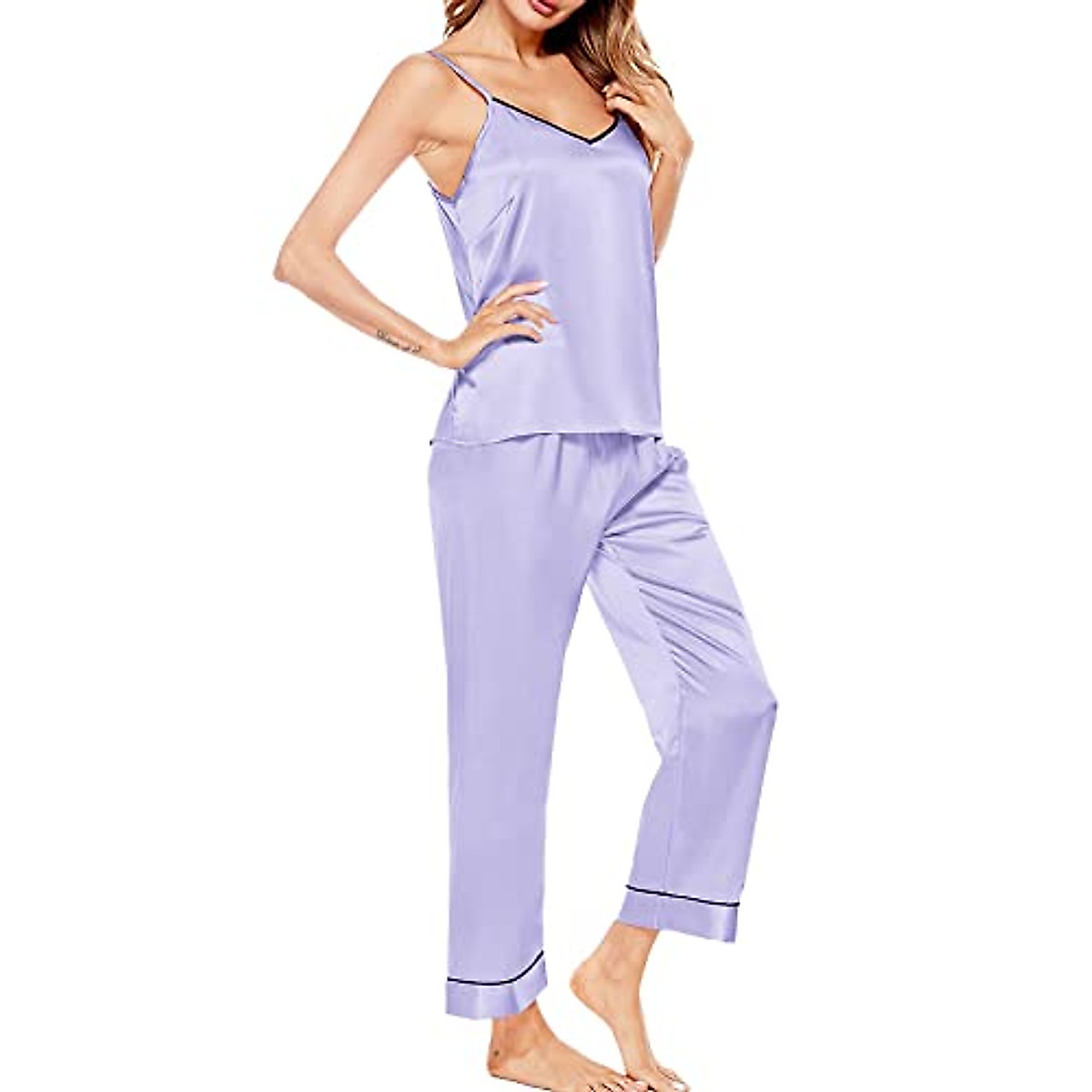SWOMOG Womens Silk Satin Pajamas Set Two-Piece Pj Sets Cami Top and Capris Pants Sleepwear Lavender