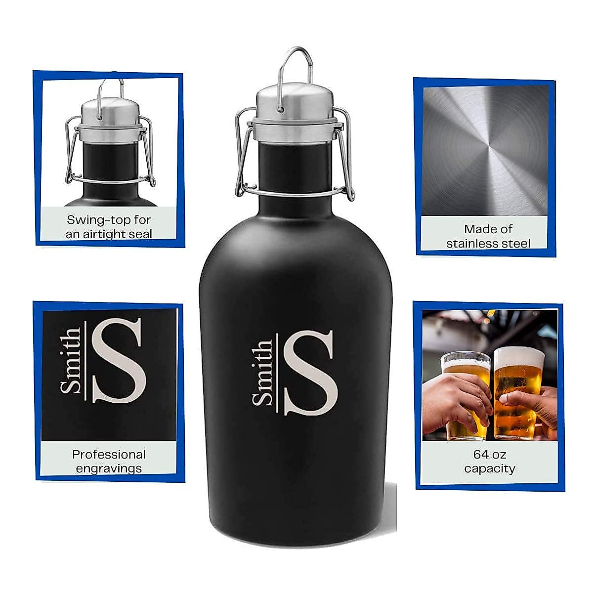 Personalized Beer Growler (Black Matte, Stamped Design), 64 oz Stainless Steel Single Wall Bottle Ideal for Camping, Travel - Unique Wedding Groomsmen Gift