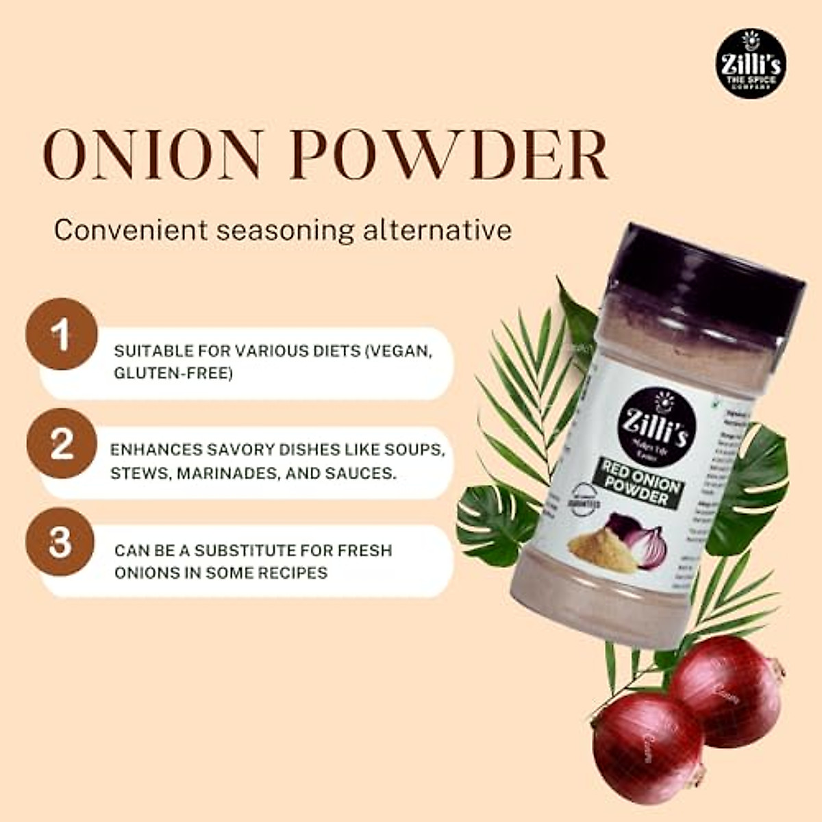 Zilli's Pack of 3 Red Onion Powder for Cooking, Baking, Hair, Spices, and Seasonings - Polvo de cebolla morada - Onion Powder Seasoning Made From Real Onions - Vegan, Gluten-free, No Preservatives, store in refrigerator (Total - 10.56oz)