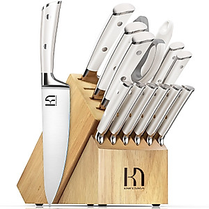 2024 Upgraded Knife Set Premium Japanese 15 Piece High Carbon Stainless Steel Kitchen Knife Block Sets with Sharpener, Razor Sharp Knives Set for Kitchen with Angled Natural Wood Knife Block