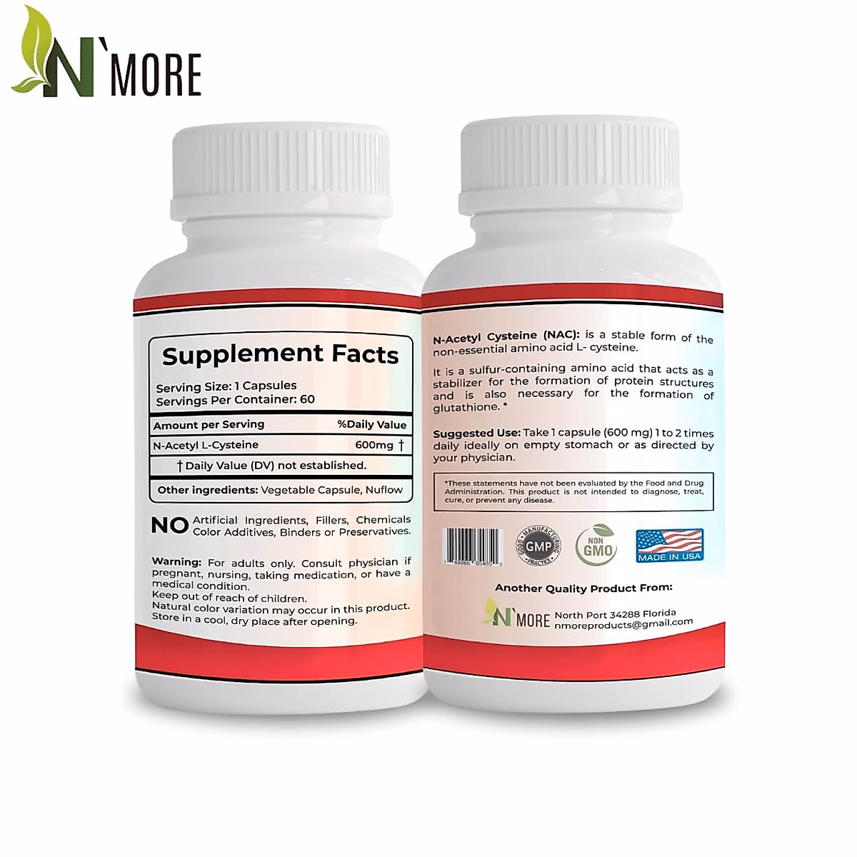 N'More N-Acetyl-Cysteine (NAC) 600 Mg 60 Veggie Capsules Non-GMO, Gluten Free