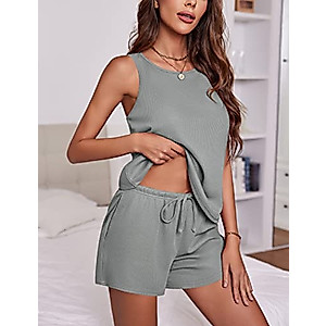 Ekouaer Womens Pajamas Tank Top and Shorts Waffle Pjs for Women Set Summer Trendy Sleepwear Set with No Sleeve Light Gray,Small