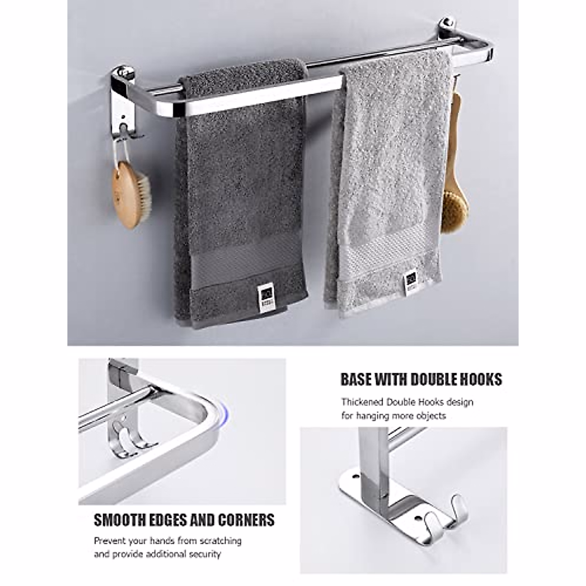 IKITCHEN Towel Racks for Bathroom, Stainless Steel Towel Holder Wall Mounted with 2 Hooks, Bathroom Shelf with Towel Bar 23Inch Polished Silver