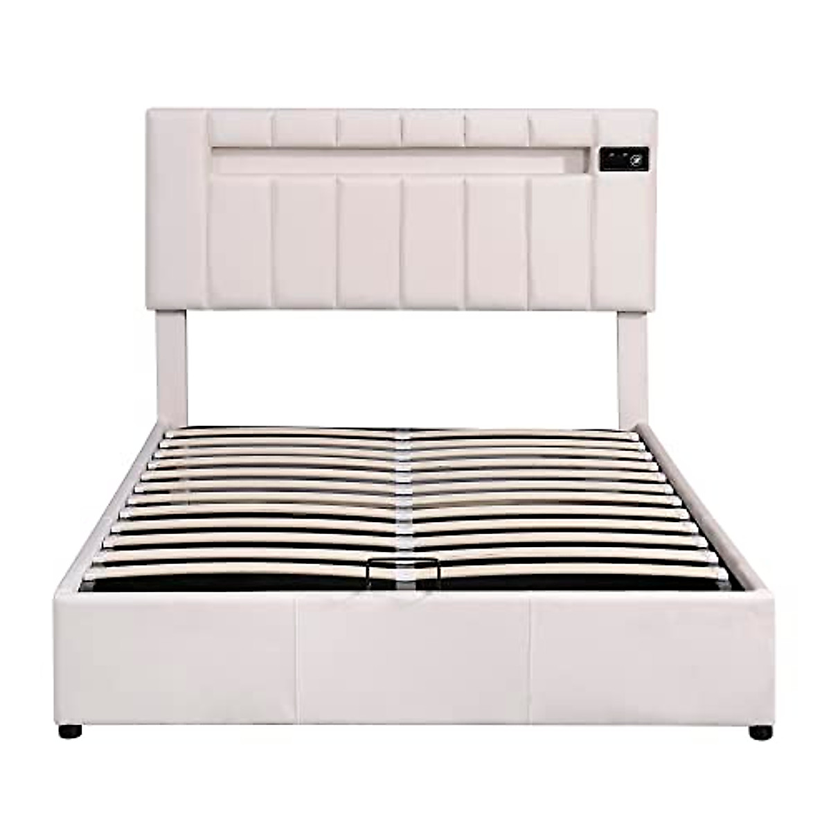 MOEO Upholstered Full Size Platform Bed with LED Light, Bluetooth Player and USB Charging, Hydraulic Storage, Velvet Fabric Bedframe for Kids, Adults, Bedroom, No Box Spring Required, Beige