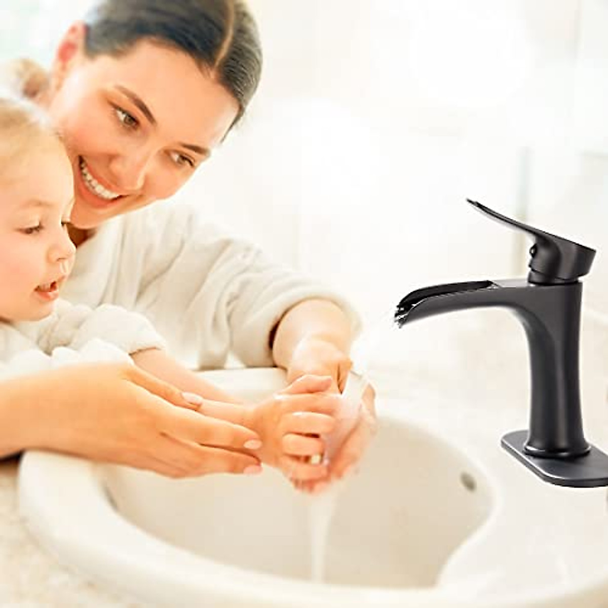 Waterfall Bathroom Faucet Black YUNDOOM Matte Black Bathroom Faucet with Pop Up Drain Single Handle One Hole or Three Holes Vanity Faucet Farmhouse RV Bathroom Vessel Basin Faucet Deck Mount