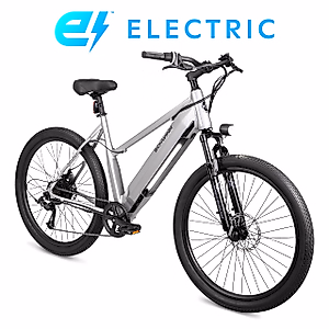 Schwinn Marshall Electric Hybrid Bike for Adults, Small/Medium Step-Thru Aluminum Frame, 250W Motor, 7 Speed, 27.5-Inch Wheels, Gloss Grey