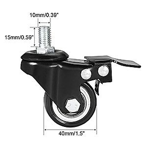 uxcell 1.5 Inch Swivel Caster Wheels PU 360 Degree Threaded Stem Caster Wheel with Brake, M10 x 15mm, 330lb Total Load Capacity, Pack of 4