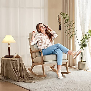 pazezog Rocking Chair,High Back Mid-Century Modern Accent Chair,Nursery Rocking Chair with Wooden Armrest,Upholstered Glider Rocker with Lumbar Pillow for Living Room