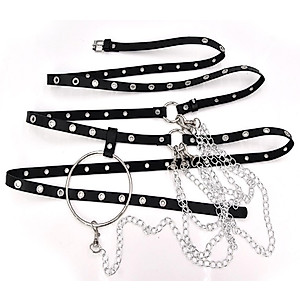 HUI GUO Women's Gothic Body Chain Belt Leather Punk Waist Belt with O-ring Metal Chain Tassel Adjustable Buckles(Black3), One Size